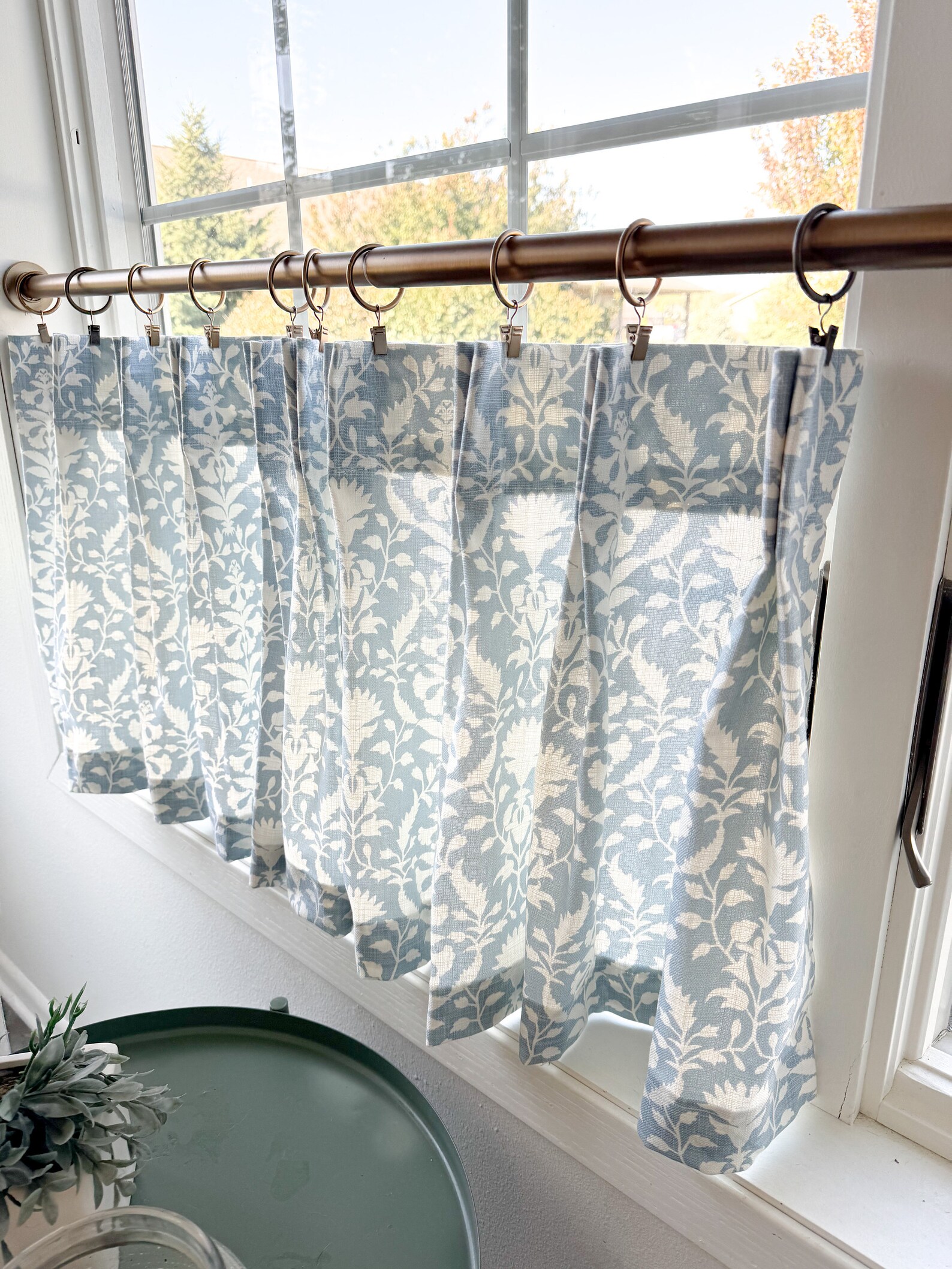This Fresh Light Blue Block Print Pleated Cafe Curtains Beautiful Block ...