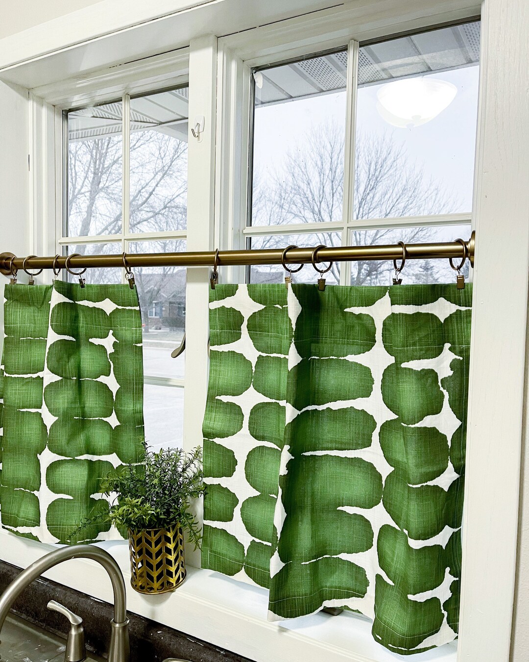 Green Shibori Cotton Linen Texture Cafe Curtains , Tier Curtains ...