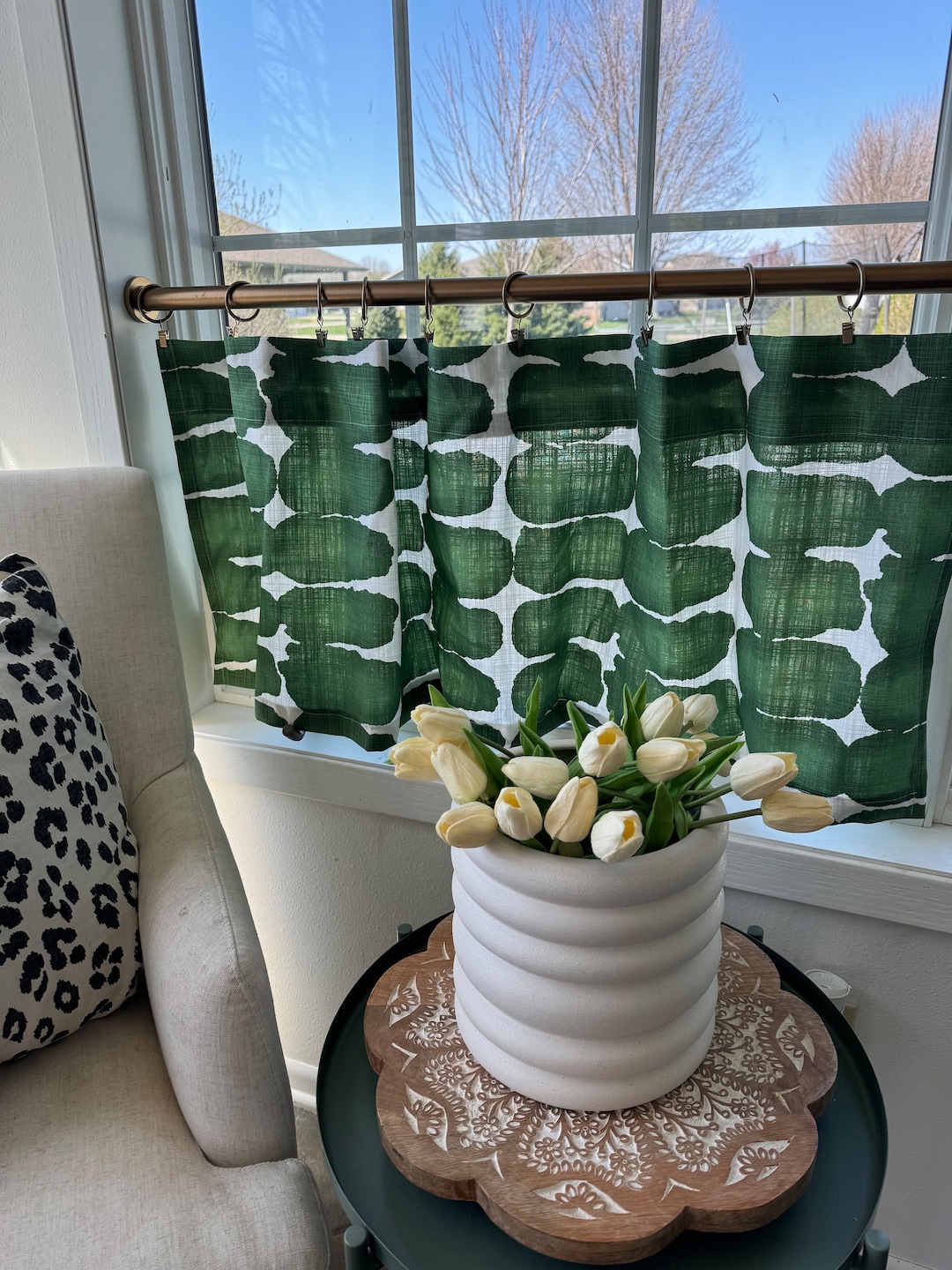 Green Shibori Cotton Linen Texture Cafe Curtains , Tier Curtains ...