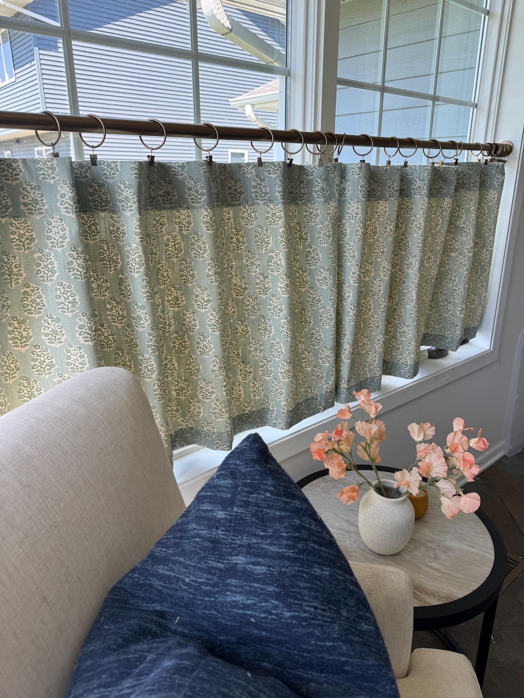 Blue Teal and Green Block Print Cafe Curtains , Tier Curtains, Kitchen ...
