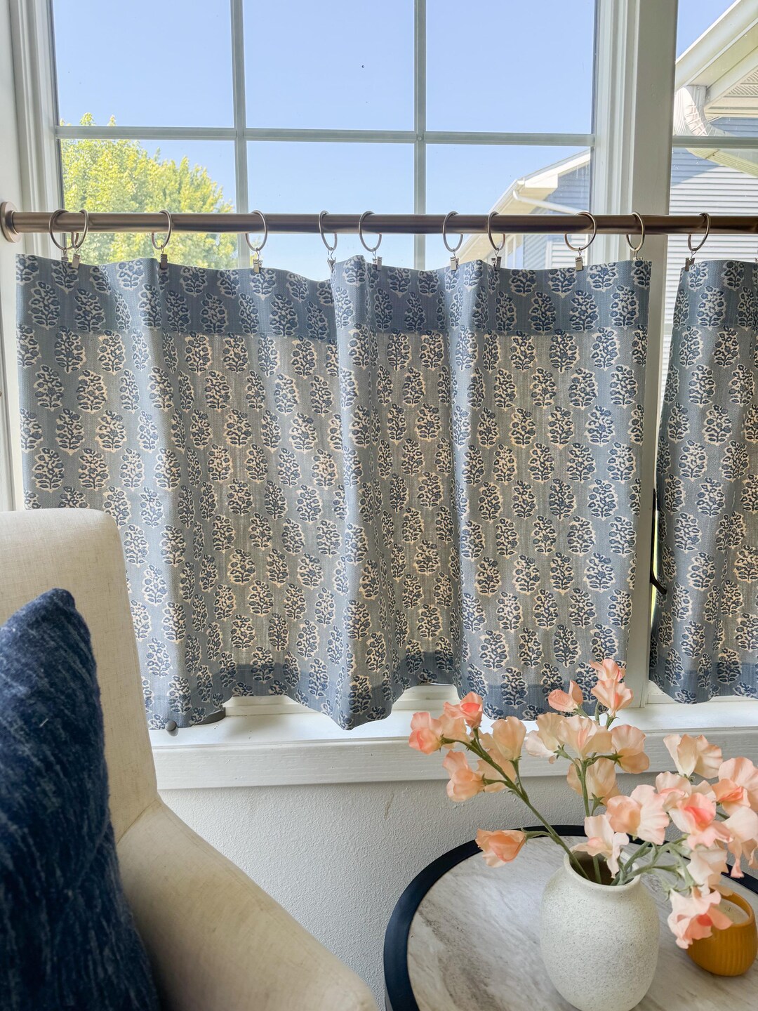 Blue and Oatmeal Block Print Cafe Curtains , Tier Curtains, Kitchen ...