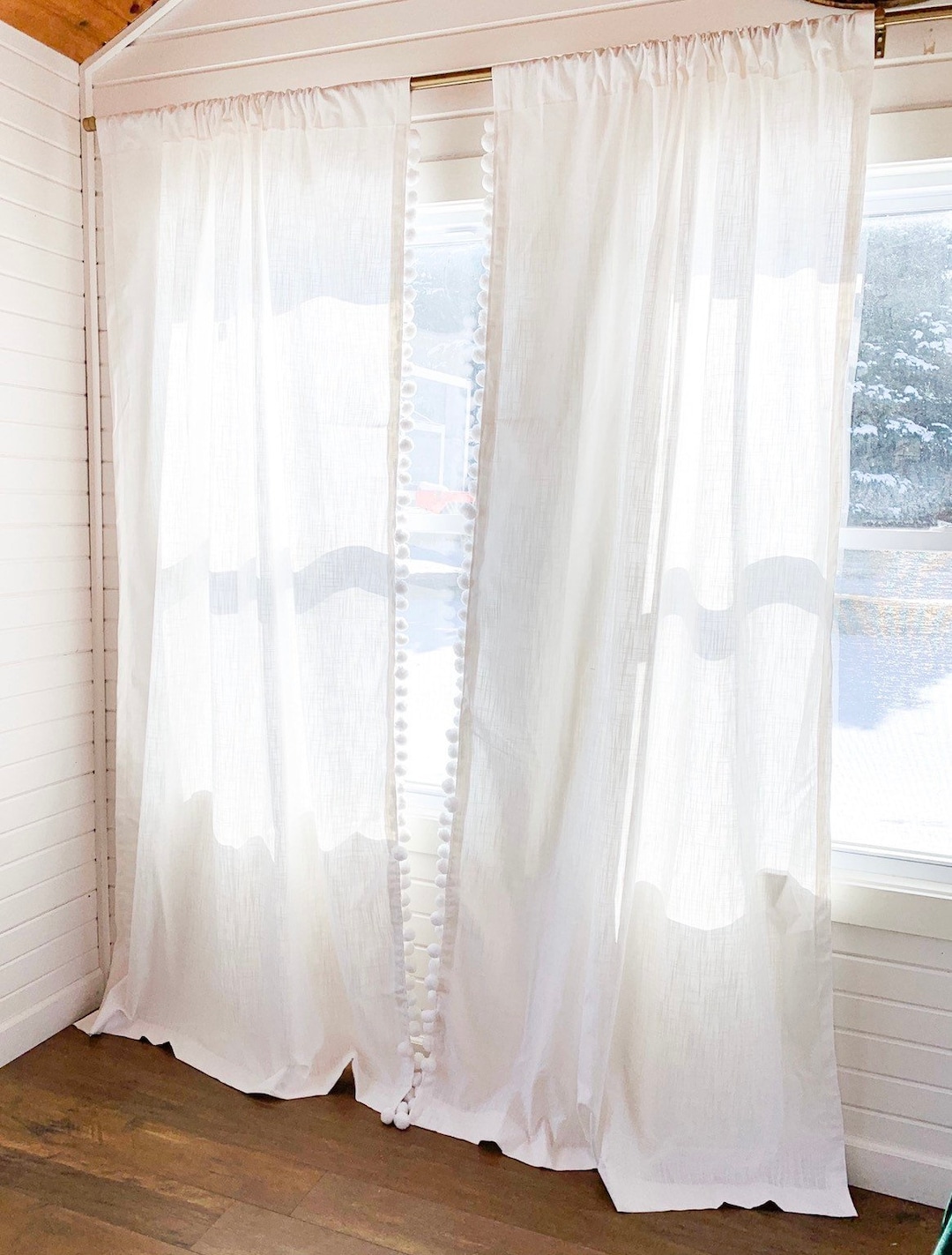 White Cotton Linen Curtains With Cream Pom Trim - Sold in Pairs - Etsy