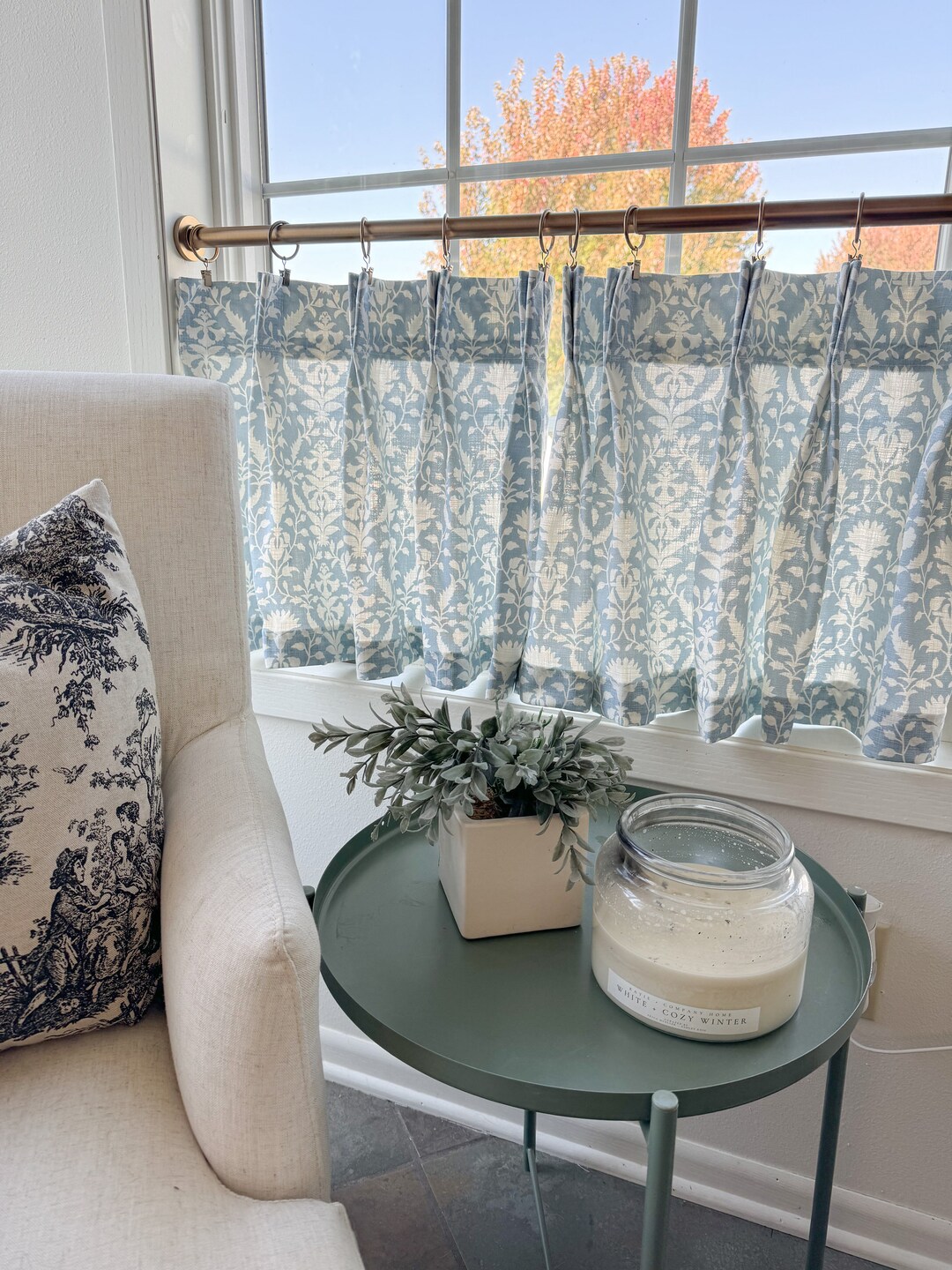 This Fresh Light Blue Block Print Pleated Cafe Curtains Beautiful Block ...
