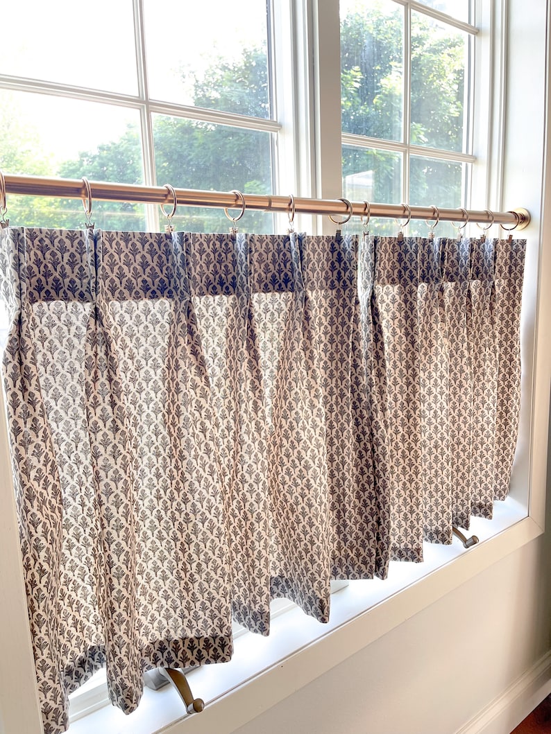 Black on Brown Block Print Cafe Curtain: Pleated Neutral Window ...