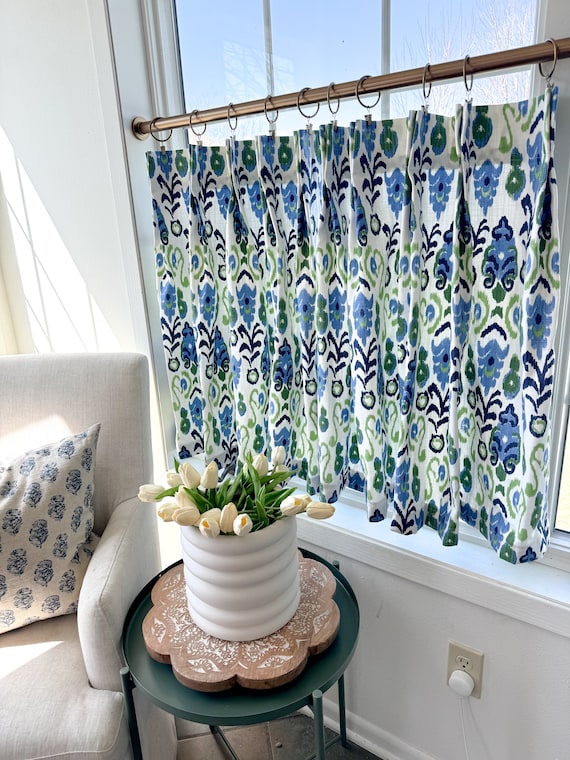 Pleated Green and Blue Ikat Cafe Curtain Tier Curtains Kitchen Curtains Bathroom Curtains Window Treatments Modern Etsy