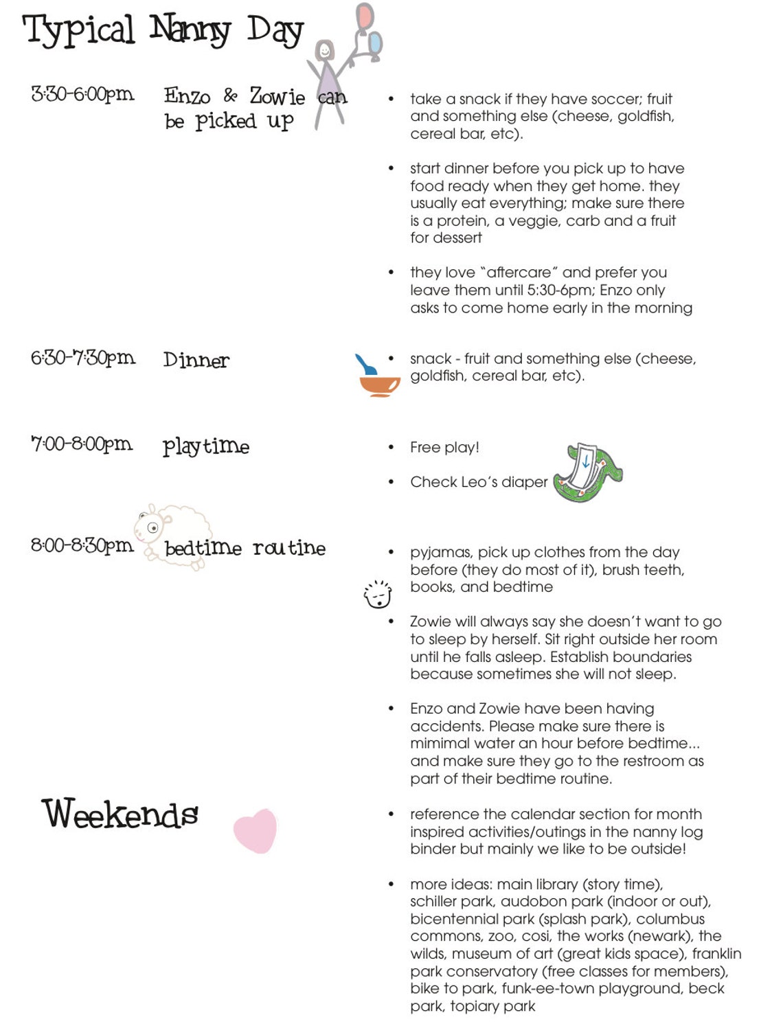 CUSTOM Typical Nanny Day Schedule, Ideas, and Emergency Contacts - Etsy