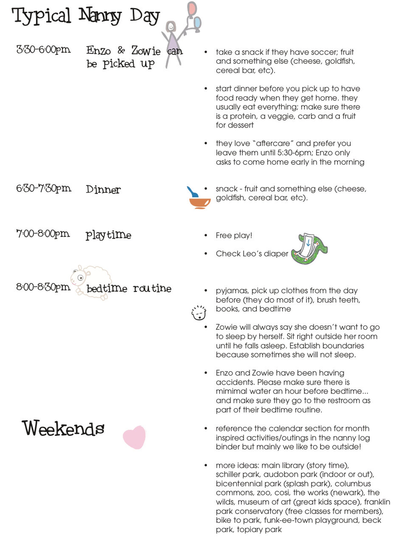 CUSTOM Typical Nanny Day Schedule, Ideas, and Emergency Contacts - Etsy