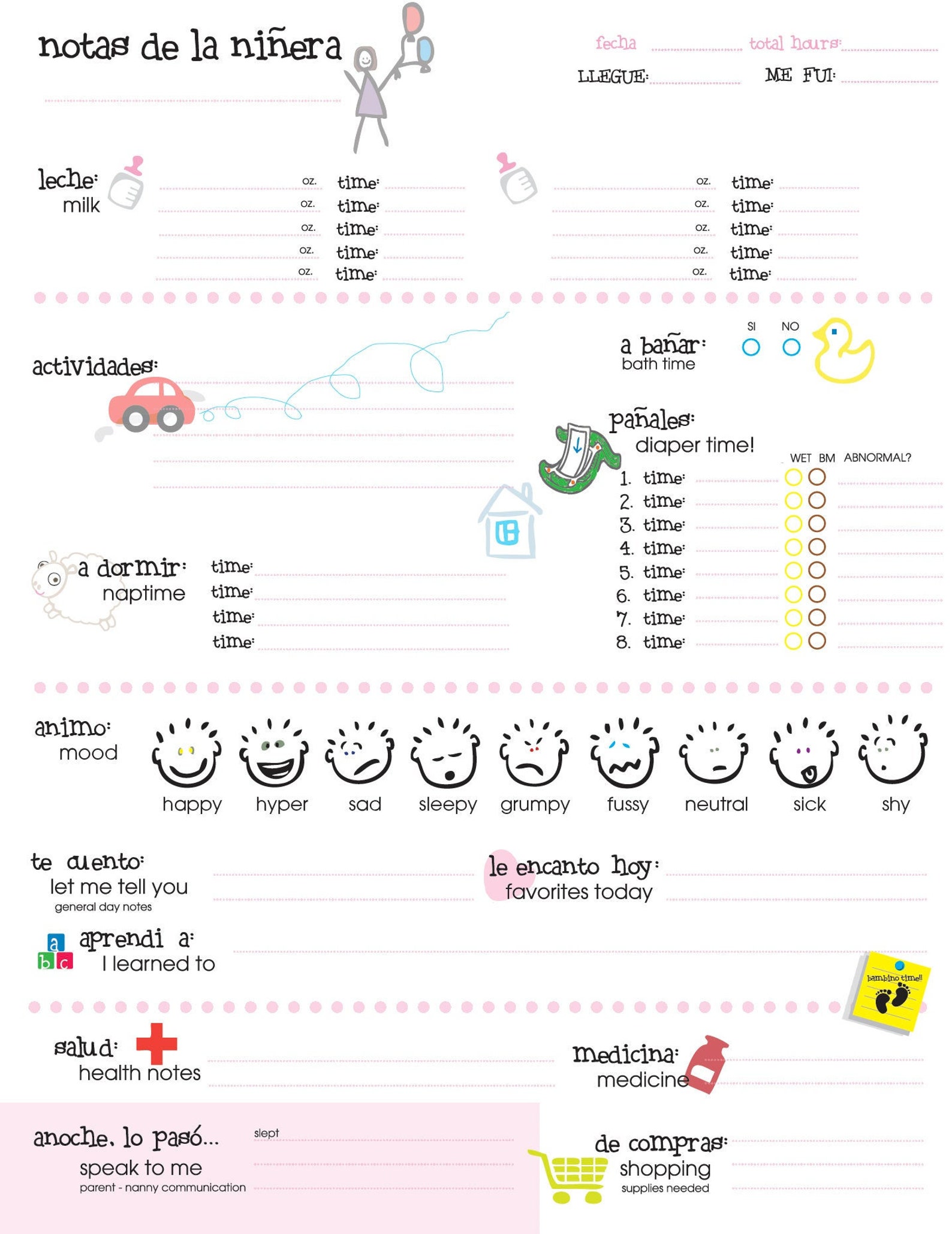 Nanny Log BILINGUAL- PINK (spanish) - Etsy