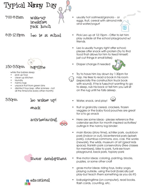 Typical Nanny Day Schedule Ideas And Emergency Contacts Etsy