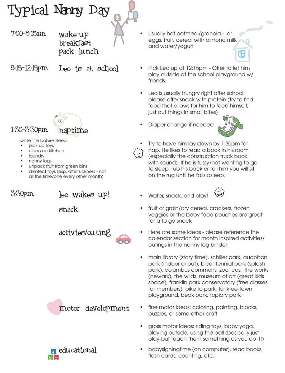 CUSTOM Typical Nanny Day Schedule, Ideas, and Emergency Contacts - Etsy