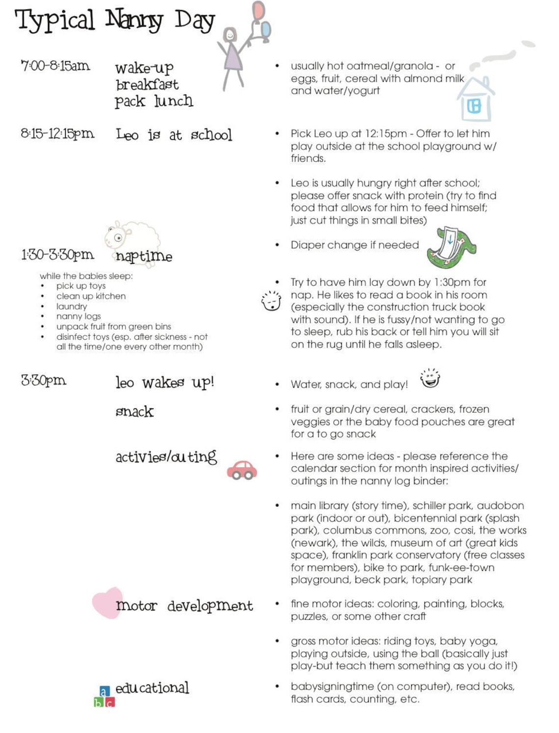 CUSTOM Typical Nanny Day Schedule, Ideas, and Emergency Contacts - Etsy