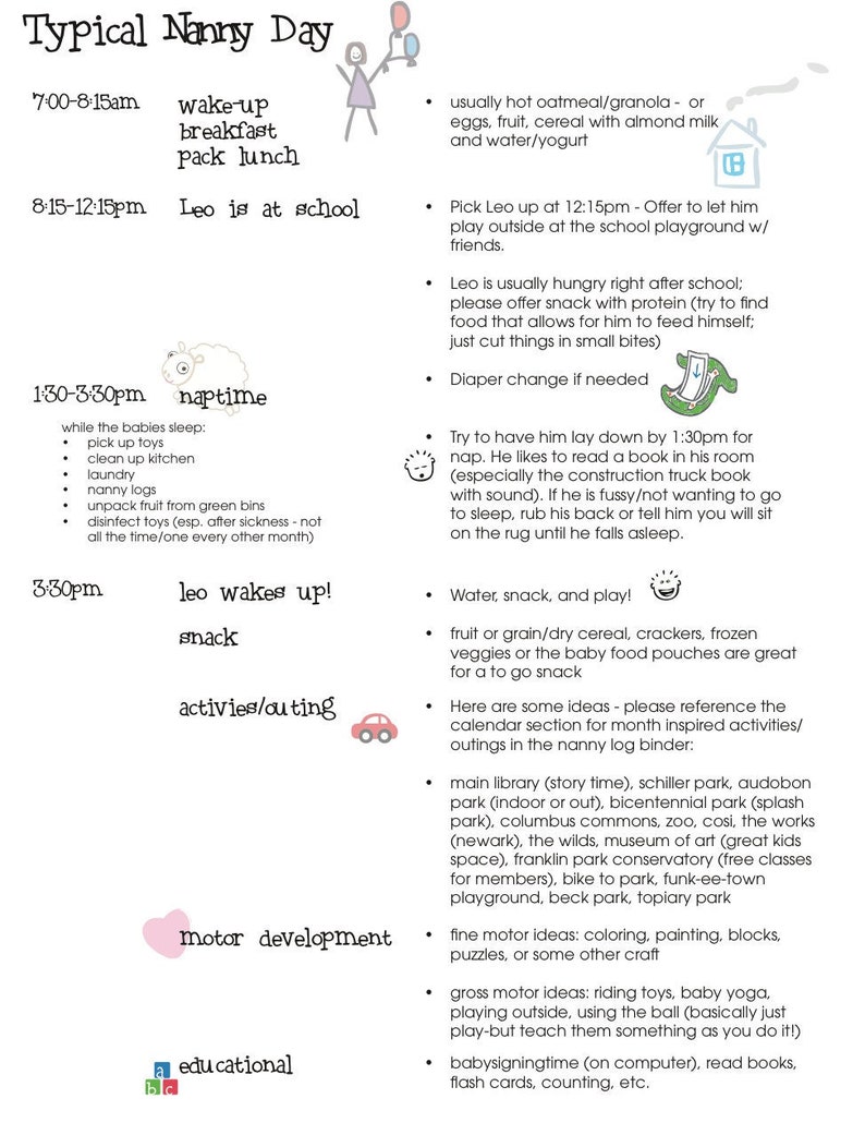 CUSTOM Typical Nanny Day Schedule, Ideas, and Emergency Contacts - Etsy