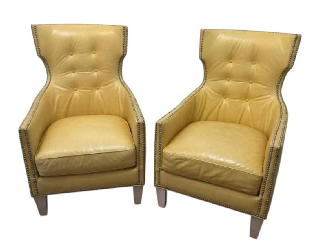 Massoud Yellow Leather Wingback Club Chairs - Set of 2 - Etsy