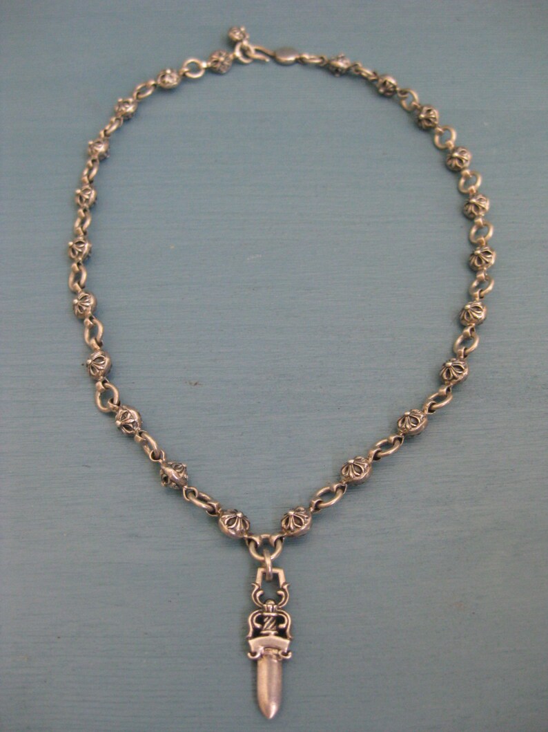 Vintage Sterling Silver Biker Rocker Cross Ball Dagger Necklace, C.1991 ...
