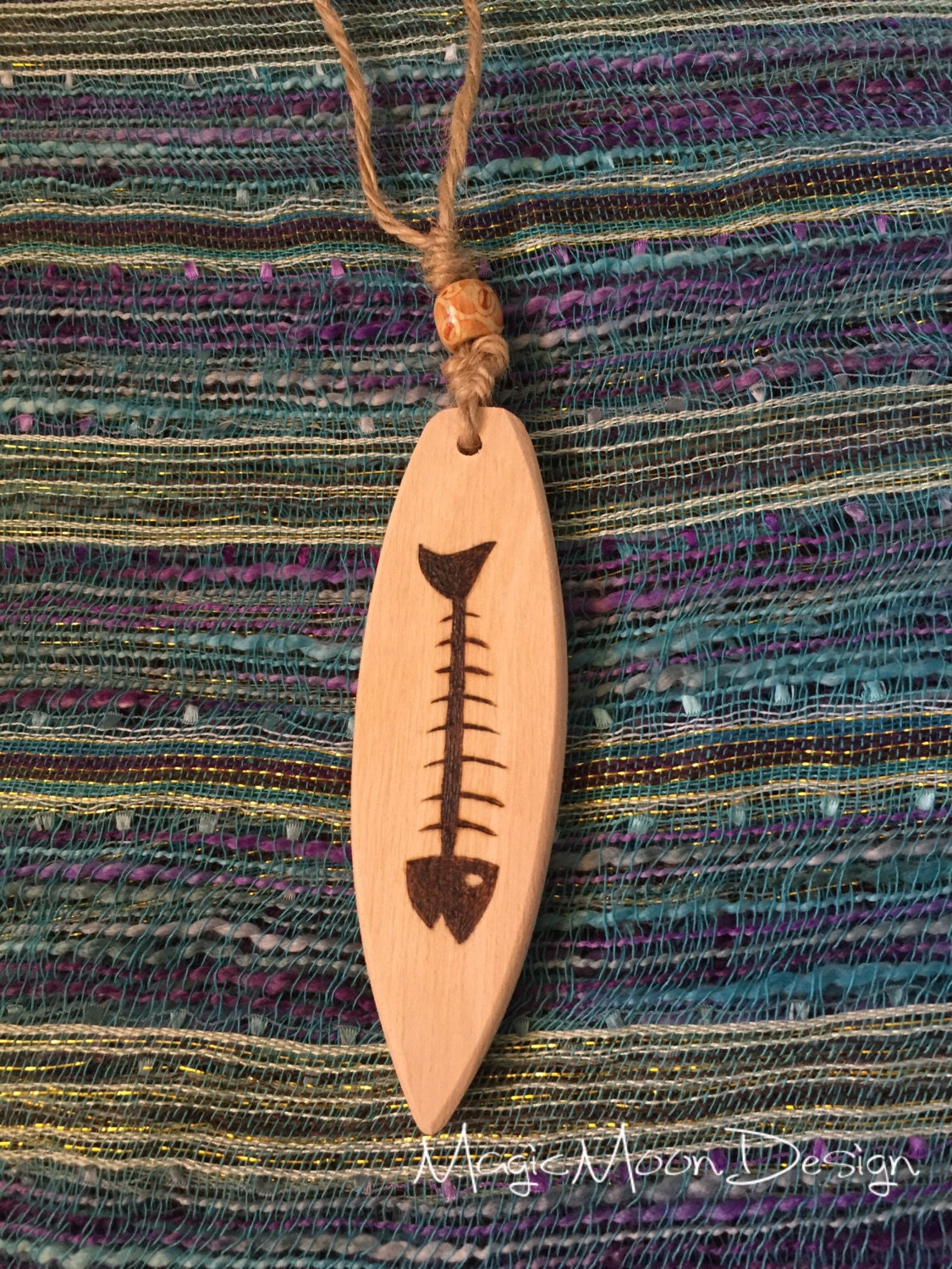 Fish bones pyrography surf board rear view mirror charm | Etsy
