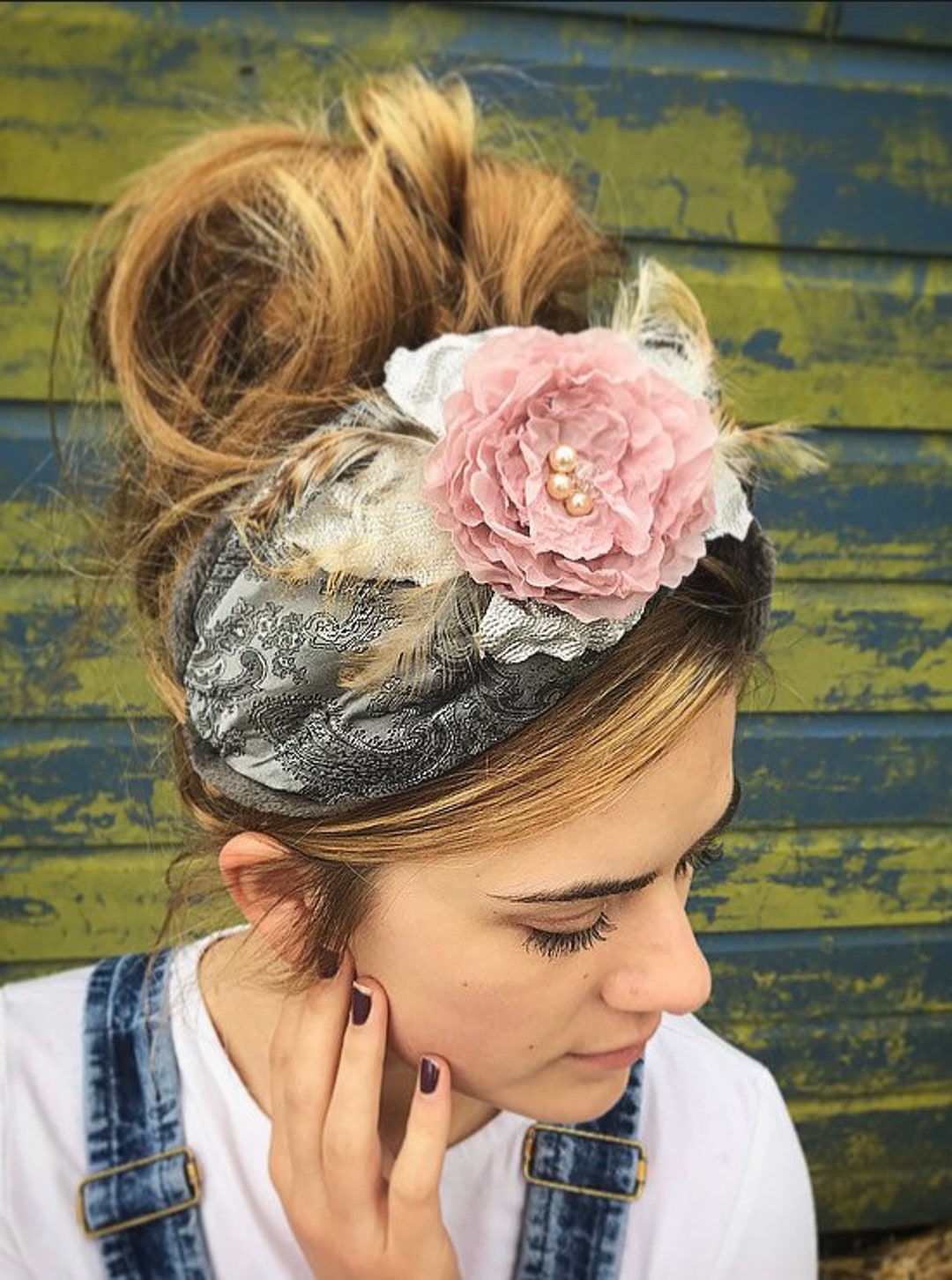 Grey Brocade Turban, Floral Half Turban, Turban, 1940s Turban ...