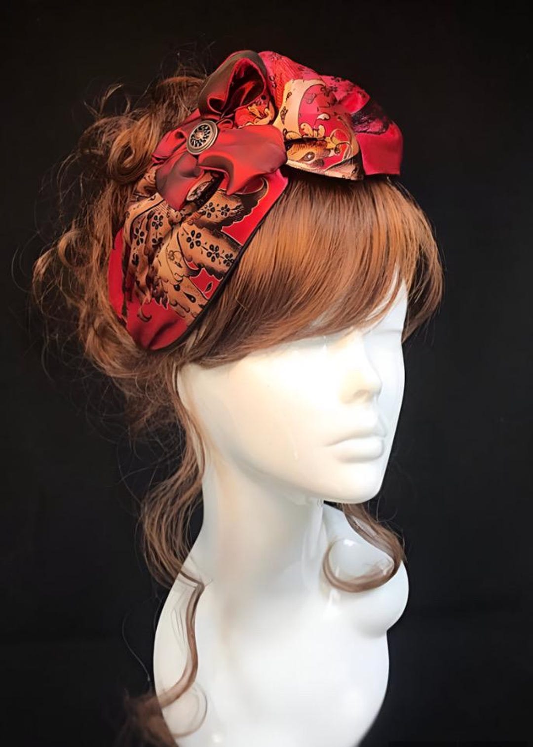 Red Boho Velvet Turban, Red Paisley Half Turban, Alice Band, Vintage ...
