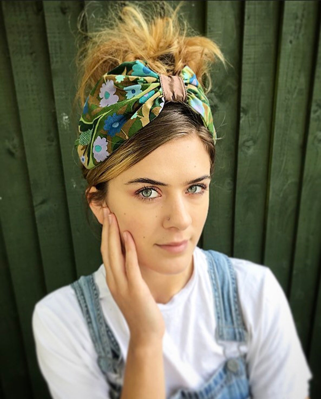 Green Retro Print Turban, Headscarf, Vintage Hairband, Flower Print ...
