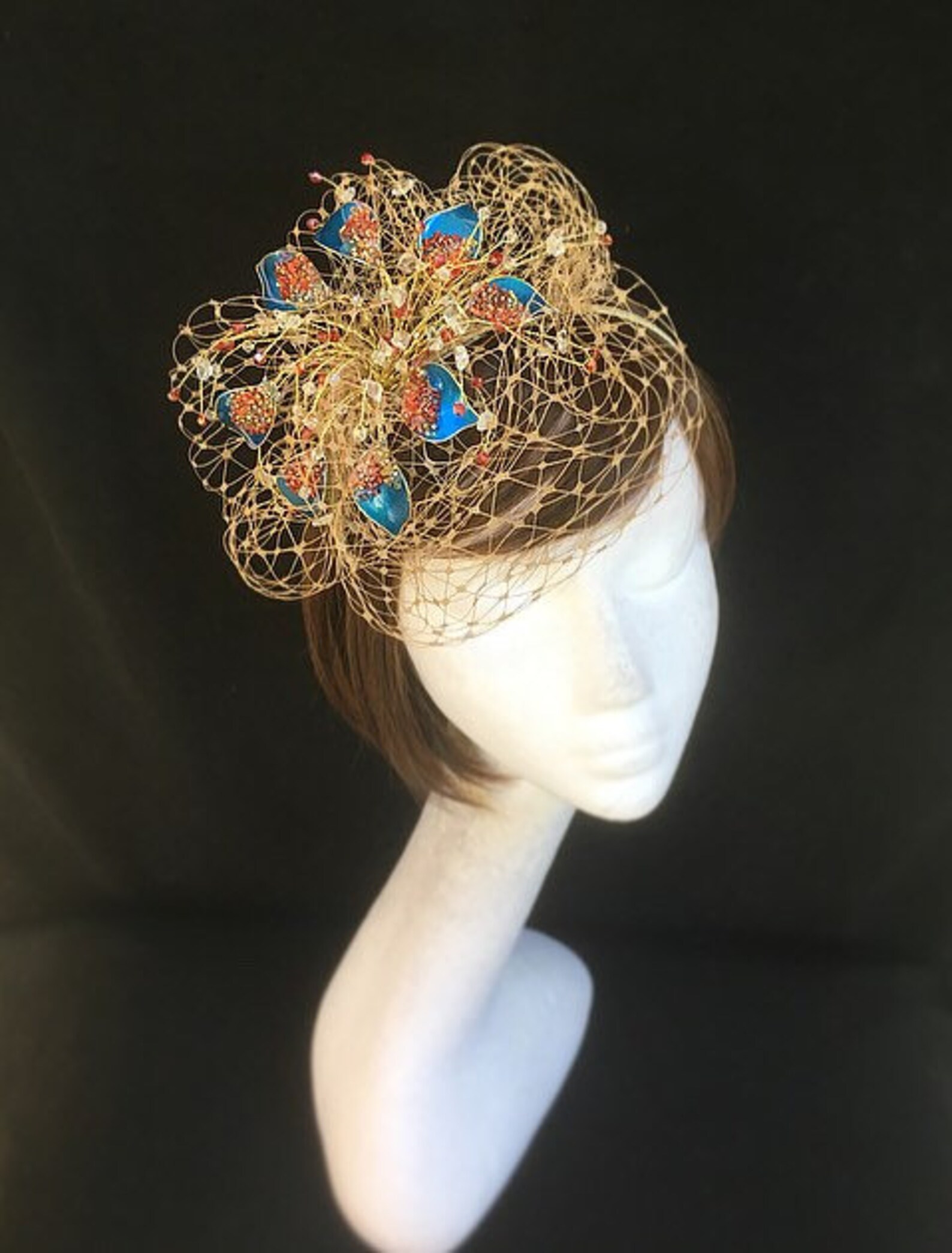 Wedding Fascinator, Red and Teal Hat, Mother of the Bride, Veiled ...