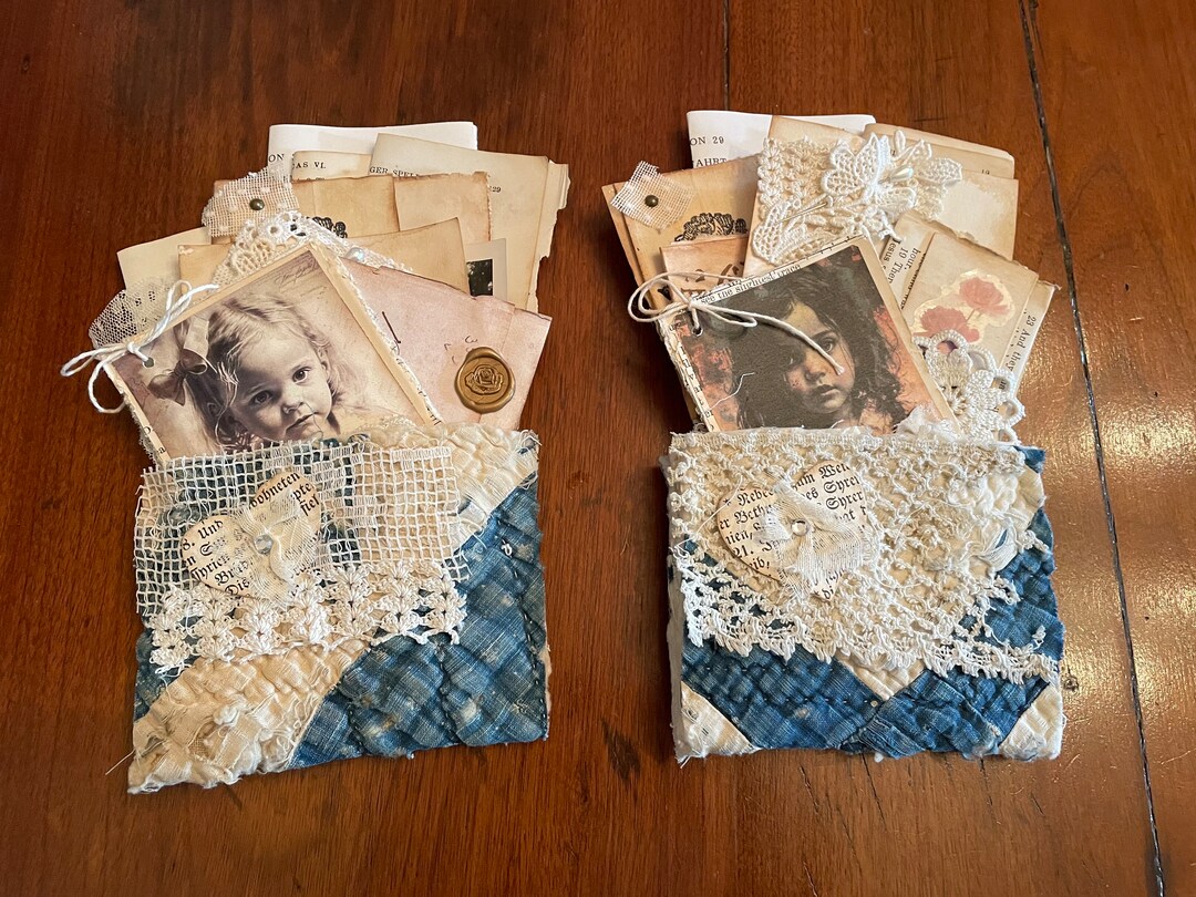 Two Shabby Antique Quilt Pockets W/22 Pieces of Ephemera in Each ...