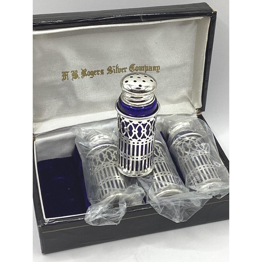 Rogers Silver Plate Cobalt Glass Salt & Pepper Shakers Mid Century-new ...