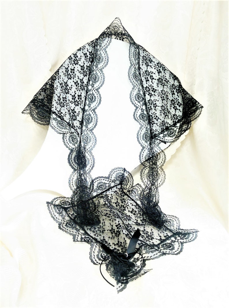 Black Lace Mantilla, Sheer Head Scarf, Veil for Funeral or Church ...