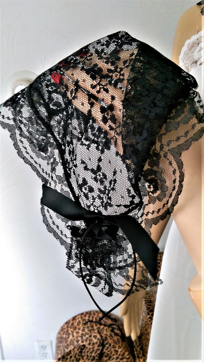 Black Lace Mantilla, Sheer Head Scarf, Veil for Funeral or Church ...