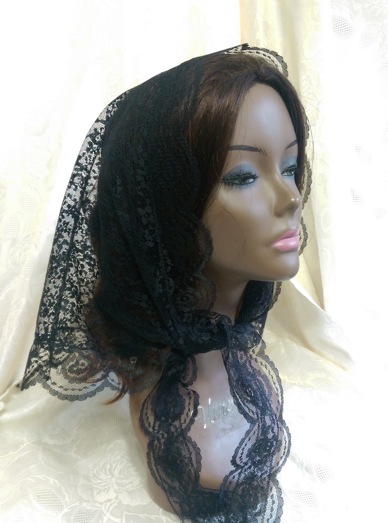 Black Lace Mantilla, Sheer Head Scarf, Veil for Funeral or Church ...