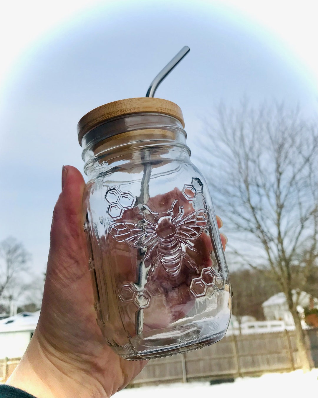 Bee Mason Jar Drinking Glass With Straw, Bamboo Lid - 16 Oz Pint ...