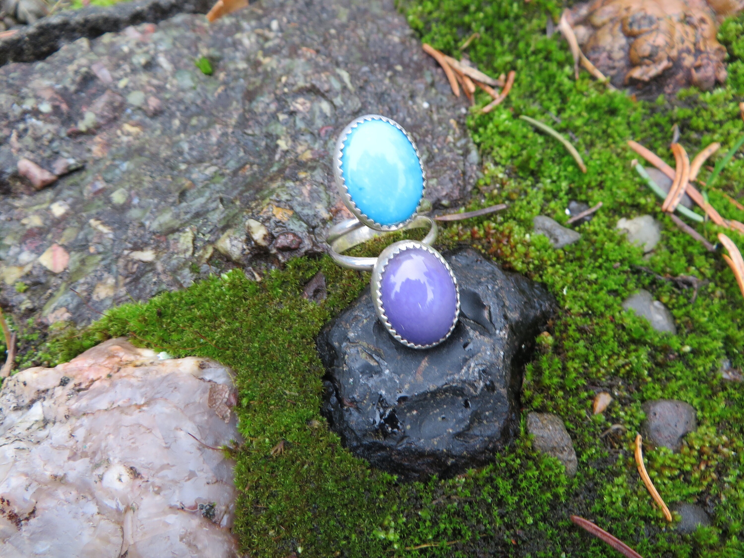 Statement ring double stone Charoite Turquoise handmade stone statement ring metalwork cocktail ring jewelry ring purple blue