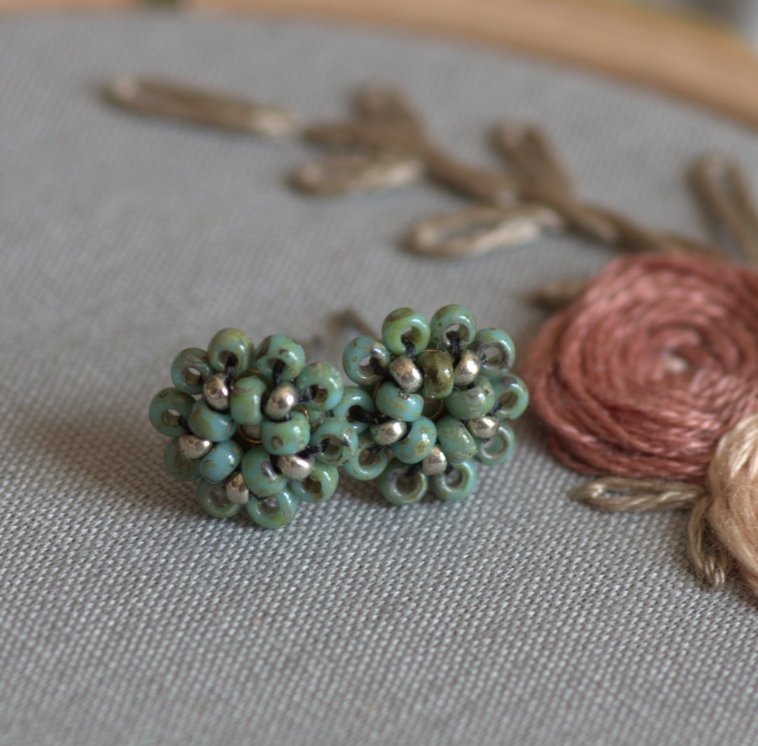 Studs Flower Made of Glass Beads Turquoise Silver, Tiny Flowers Hand ...