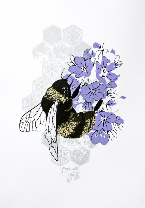 Bee print limited edition screen print bumble bee artwork | Etsy