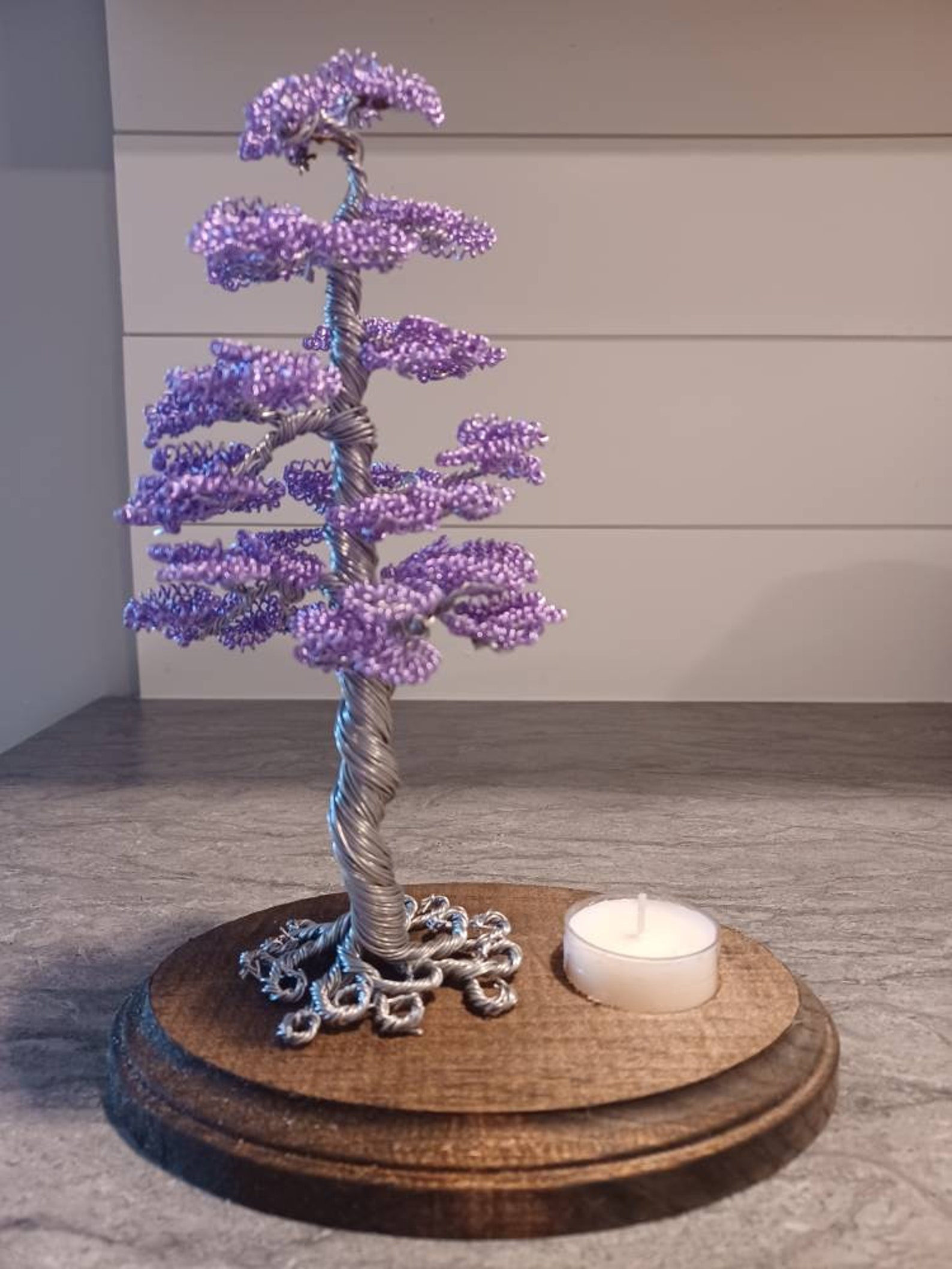 Purple and Silver Bonsai Tree on Wood Base With Candle. - Etsy