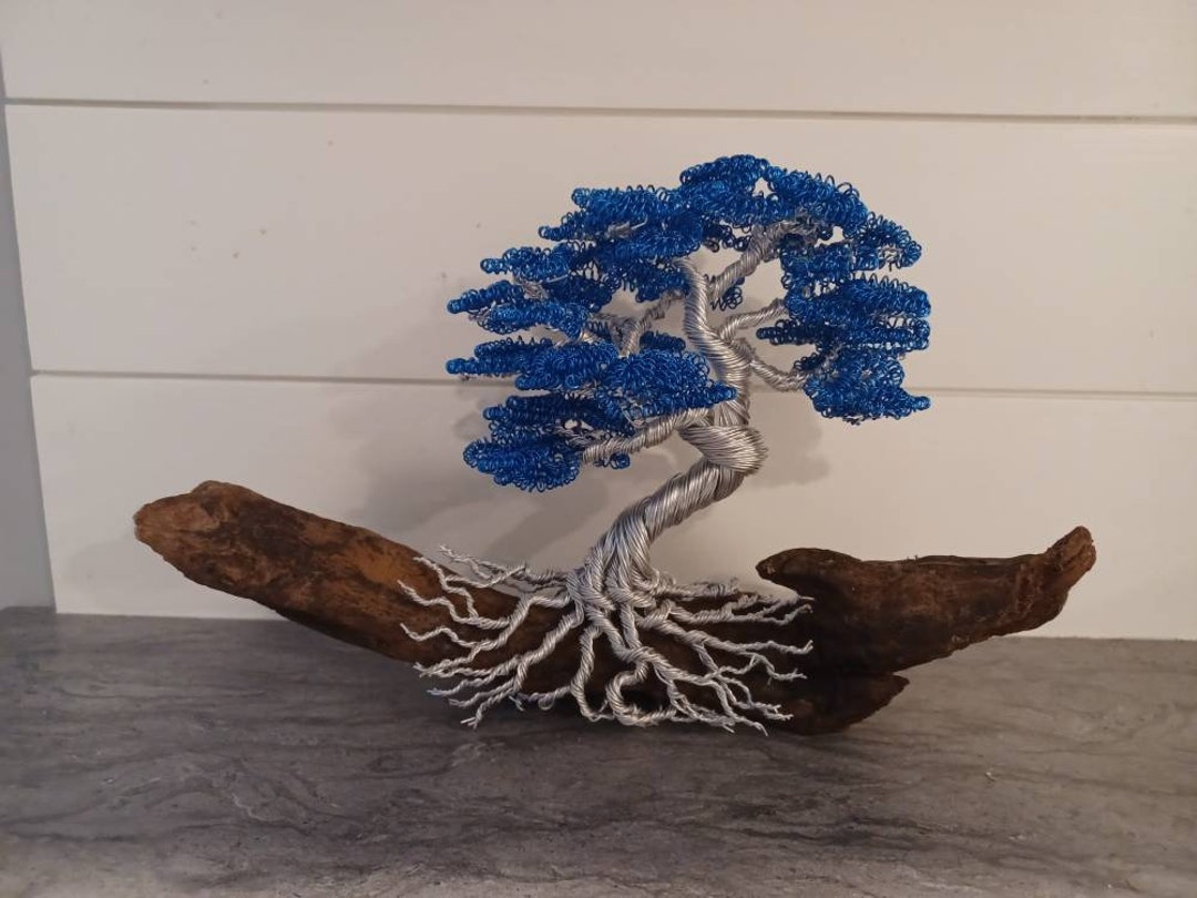 Blue and Silver Wire Bonsai Tree on Natural Driftwood . - Etsy