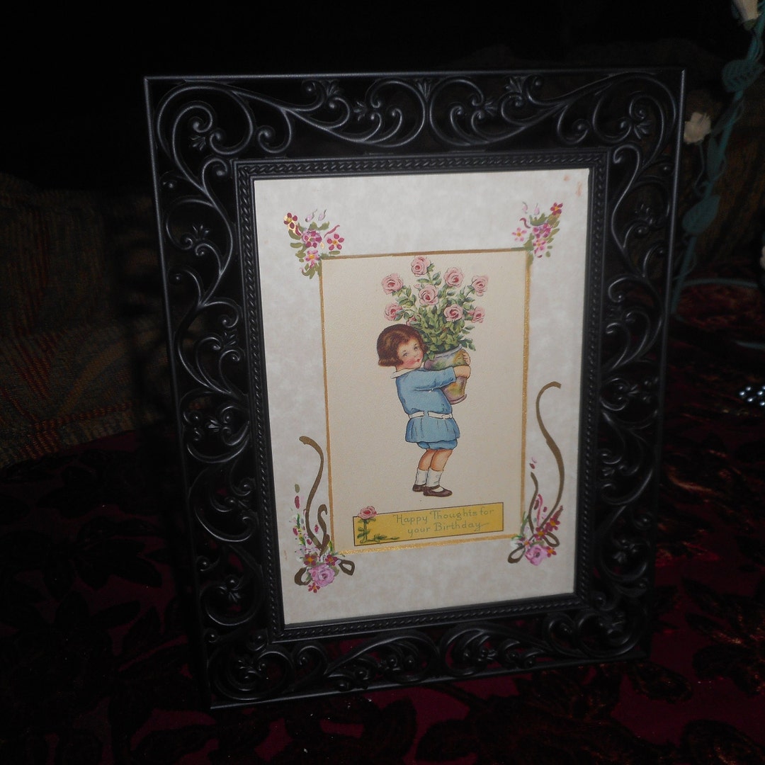Framed Birthday Antique Original Postcard - Hand Painted Mat Design ...