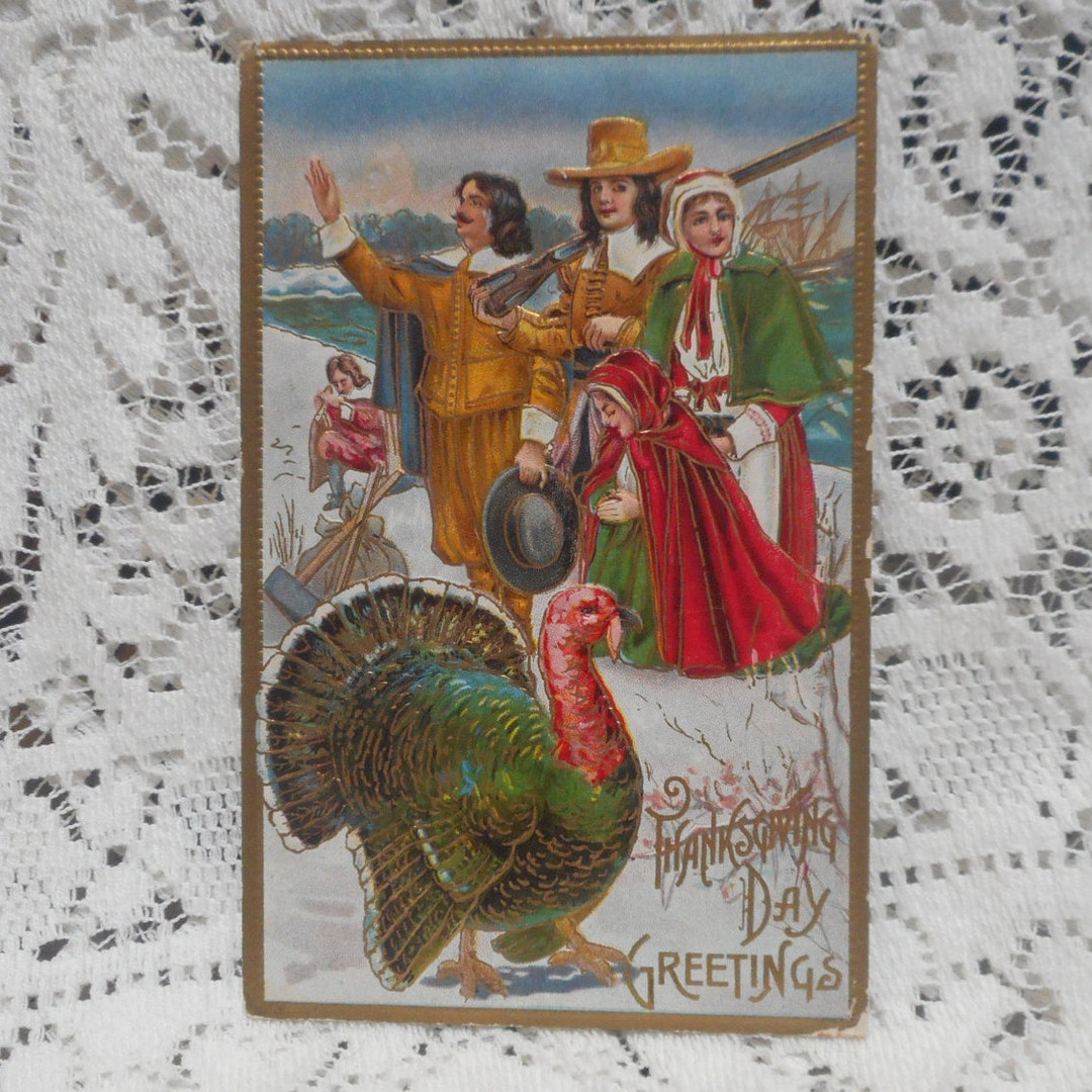 Vintage Thanksgiving Postcard pilgrims at Plymouth Rock - Etsy
