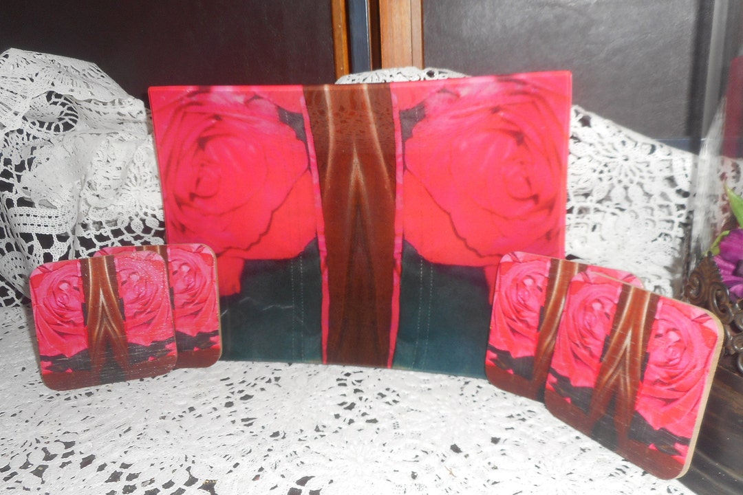 Red Roses Glass Serving Tray Set With Bamboo Matching Red Roses Coaster ...