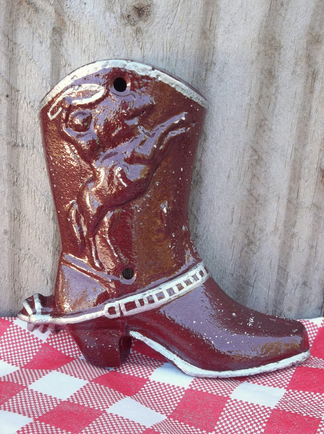 Western Cowboy Rustic Boot Plaque Decor Wall Hanging Copper Red Farm ...