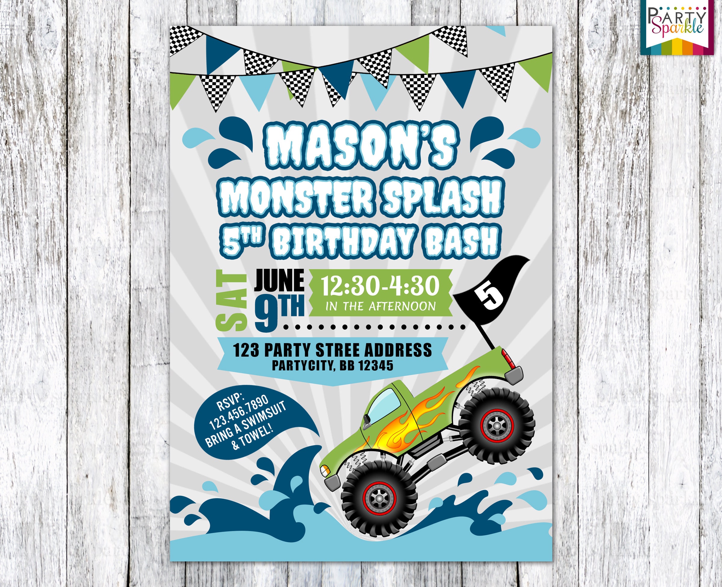 Monster Splash Birthday Bash Invite Monster Truck Pool Party - Etsy