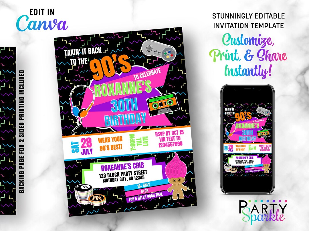 90s Retro Birthday Invitation | Editable Canva Template | 30th 40th ...