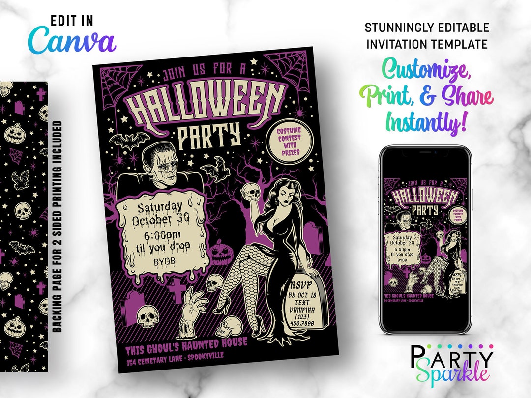 Retro Halloween Pin up Gothic Invitation Canva Template Black Purple ...
