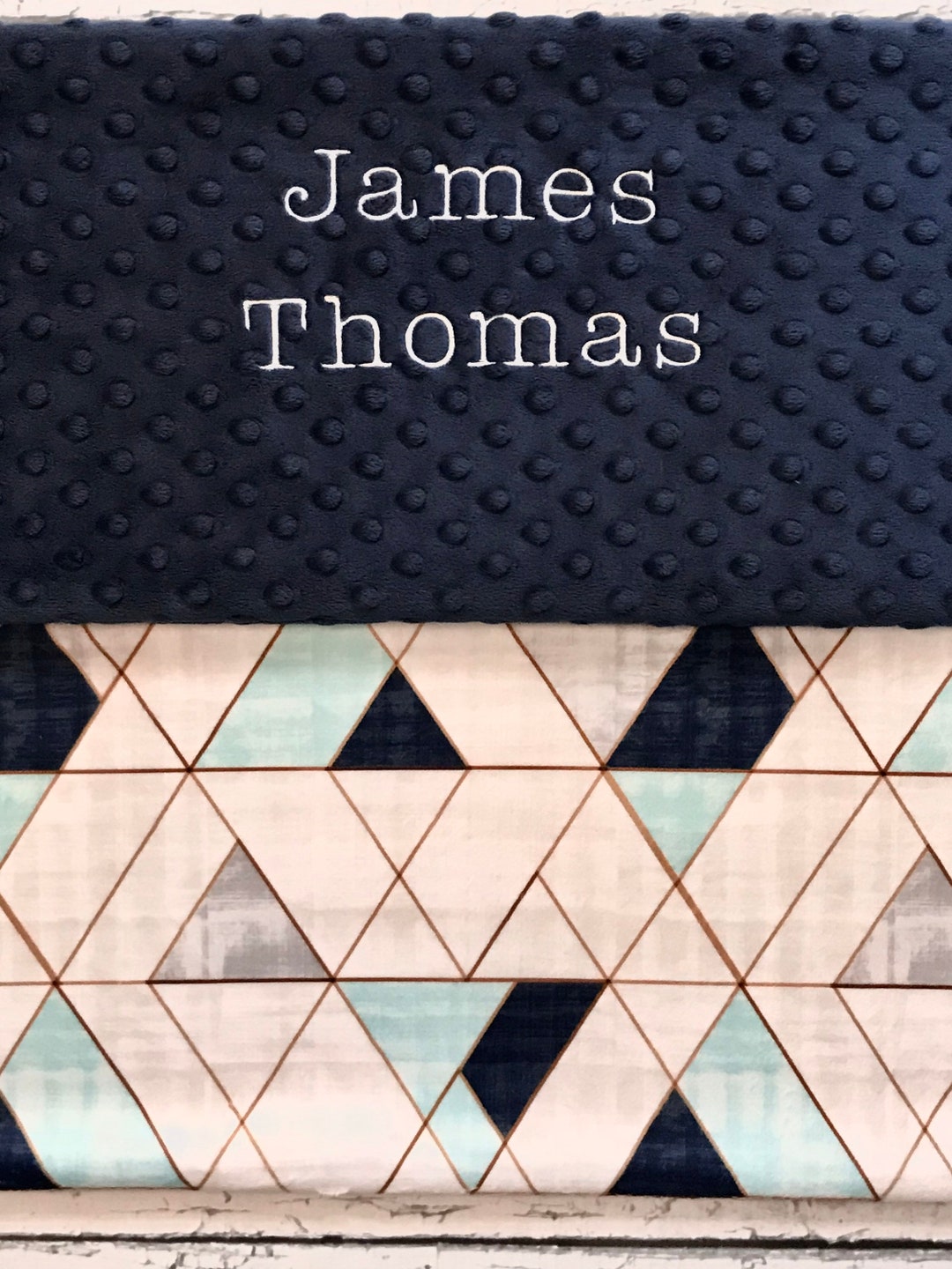 Geometric Triangle Baby Blanket, Mint and Navy Baby Blanket, Minky Baby ...