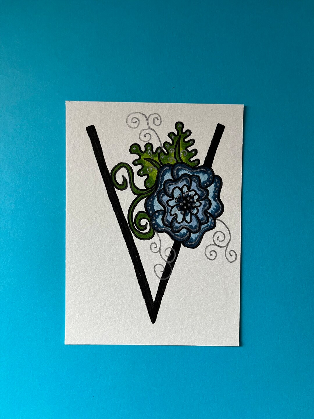 Floral Letter V | 3”x4” Letter Art | Blue Flower Letter | Mini Artwork ...