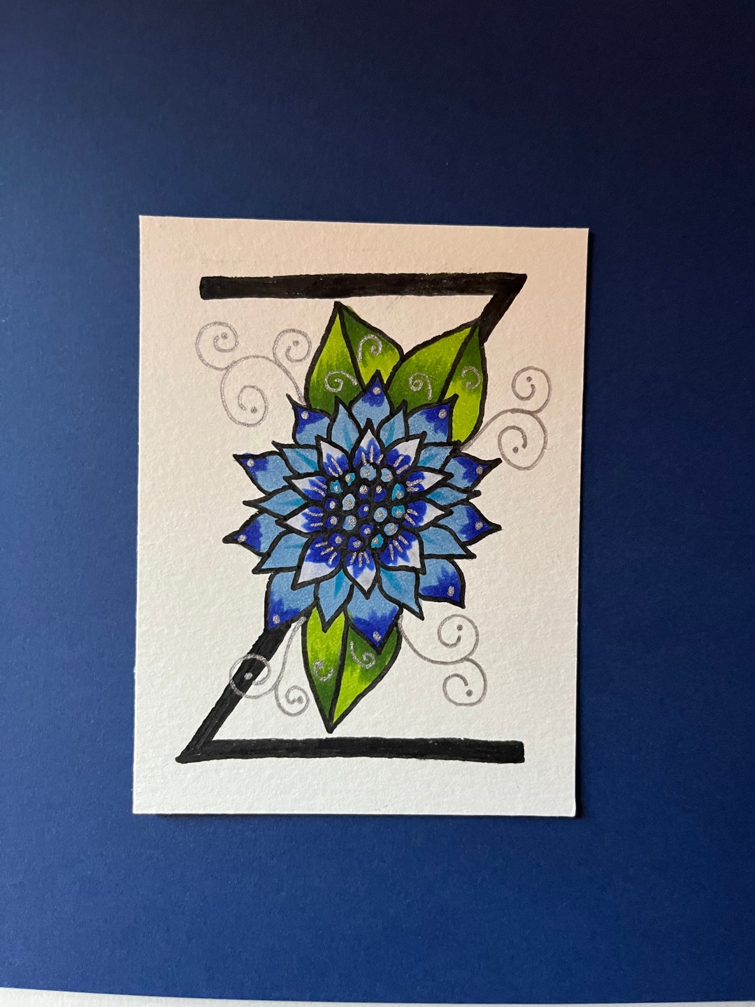 Floral Letter Z | 3”x4” Letter Art | Blue Flower Letter | Mini Artwork ...