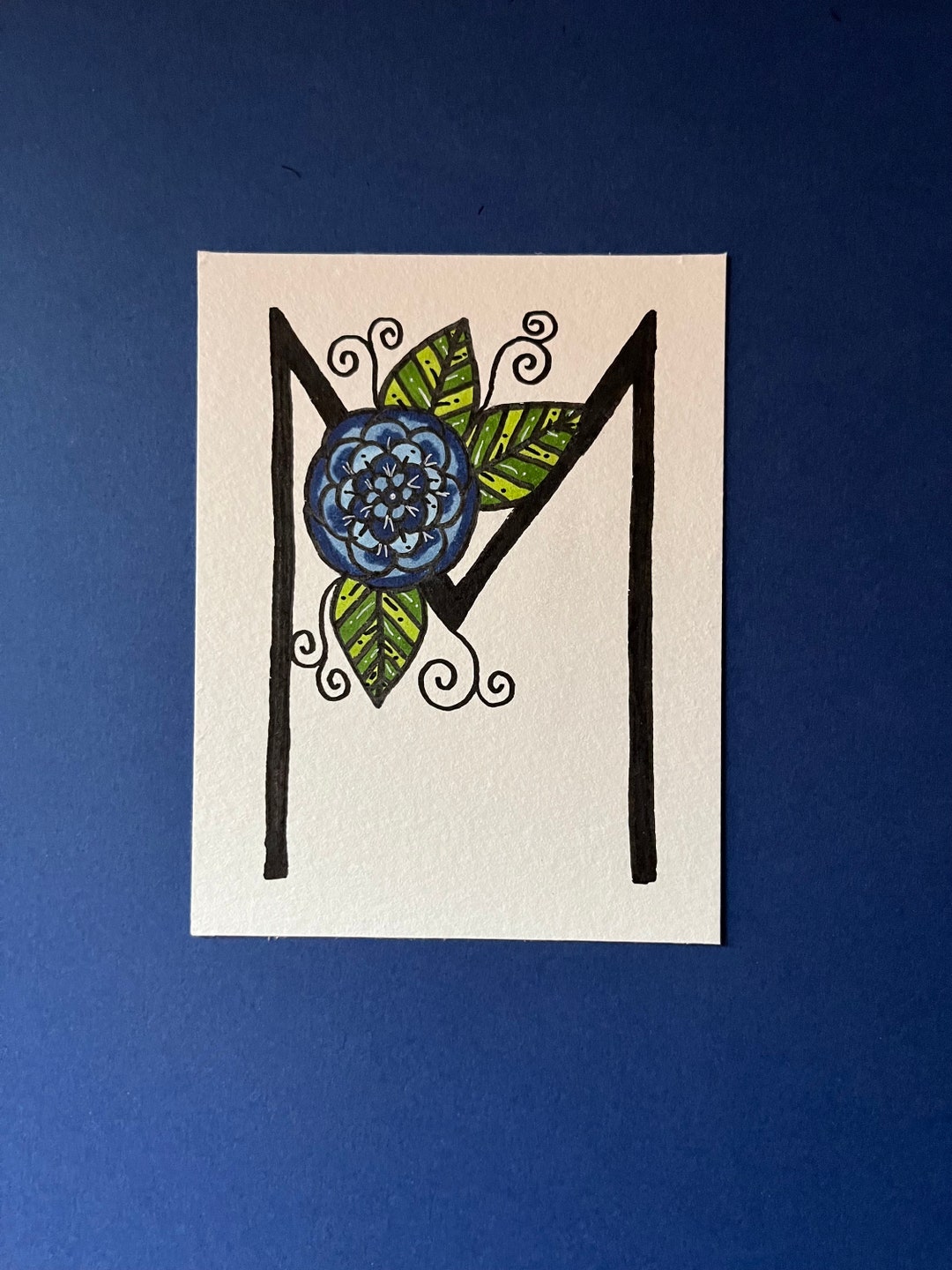 Floral Letter M | 3”x4” Letter Art | Blue Flower Letter | Mini Artwork ...