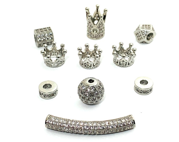 Silver CZ Spacer Beads, CZ Beads Bundle, Clear Micro Pave Beads, Cz ...