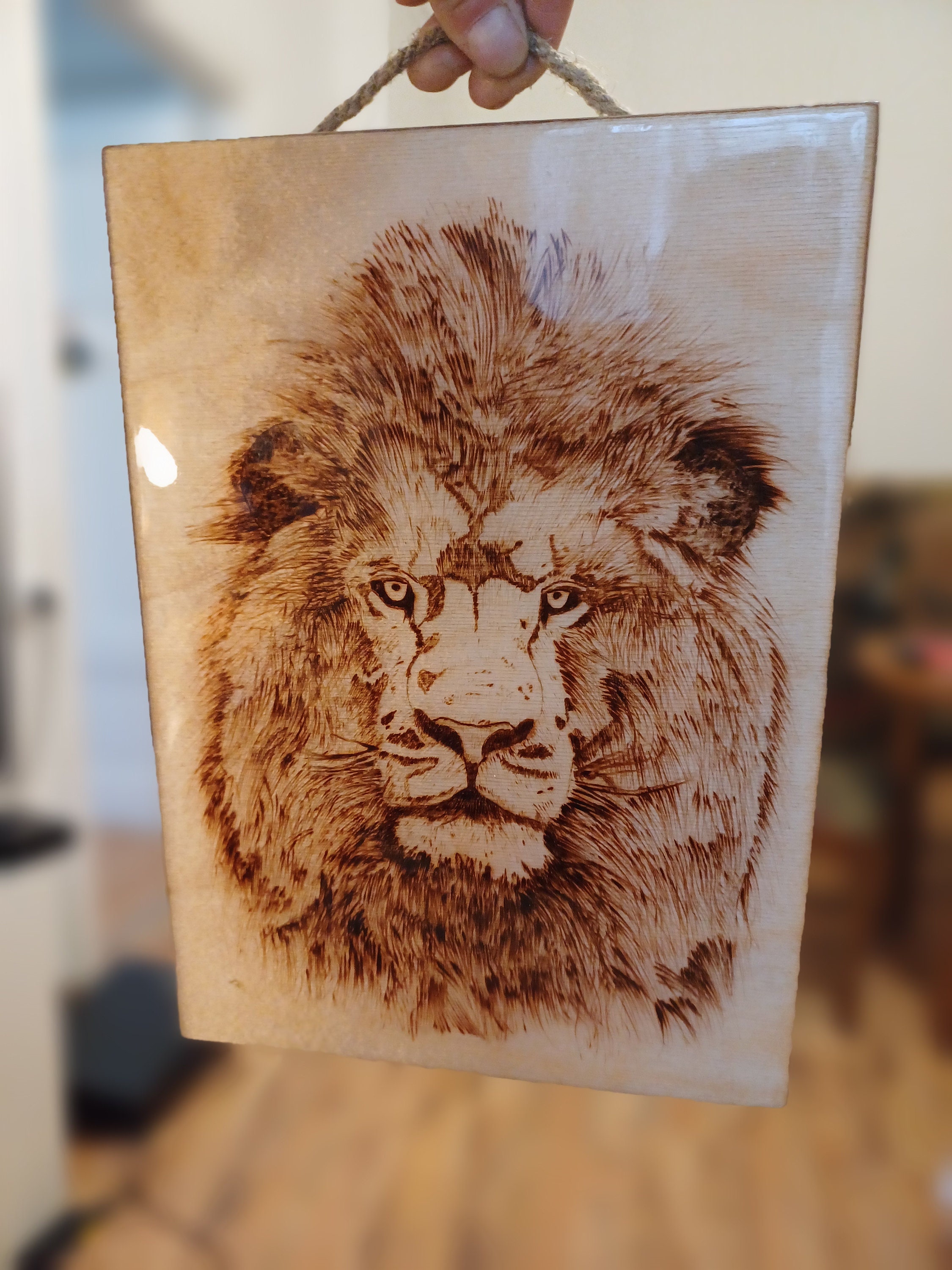 Lion Wall Art – Pyrography Wood Burning – Resin Coated Wooden Artwork ...