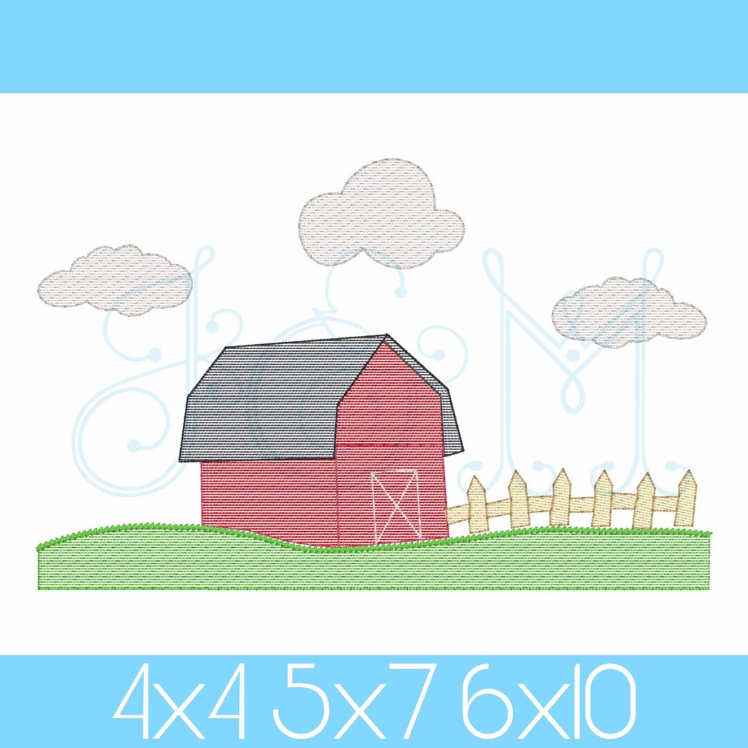 Simple Farm Scene - Barn - Sketch Fill Bean Outline Applique Vintage ...
