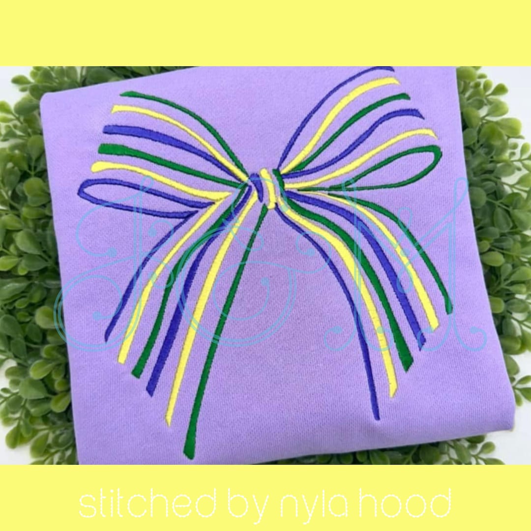 Three Color Striped Bow Abstract Long Tail Bow Satin Stitch Vintage Style Machine Embroidery ...