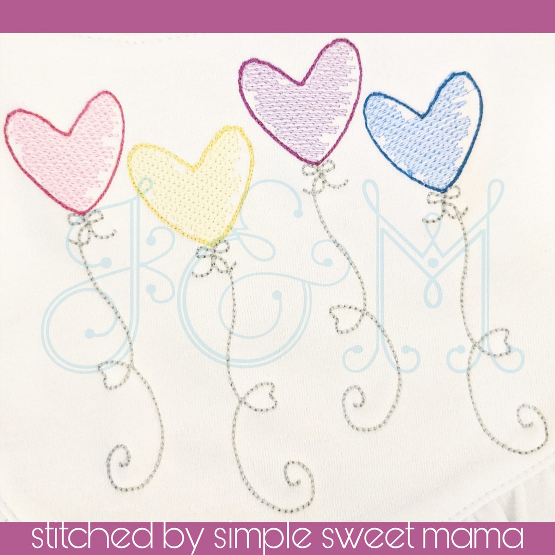 Heart Balloon Sketch Feathered Fill Stitch Outline Vintage Stitch ...